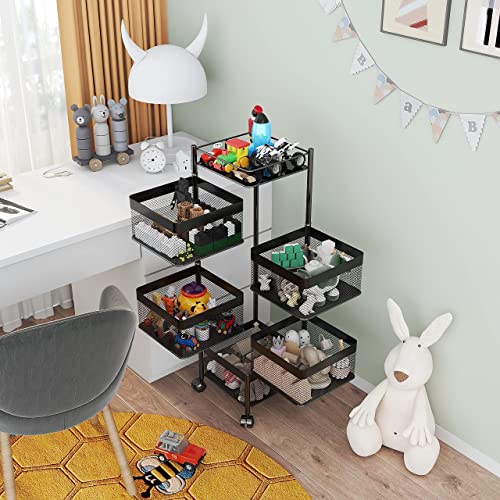 xinyourui Rotating Kitchen Storage Shelves Rack,Bathroom Organizer Metal Shelf,Fruit Basket for Kitchen,Rolling Cart with Wheels,Spice Drawer Organizer(Black, 5 Tier-Square)
