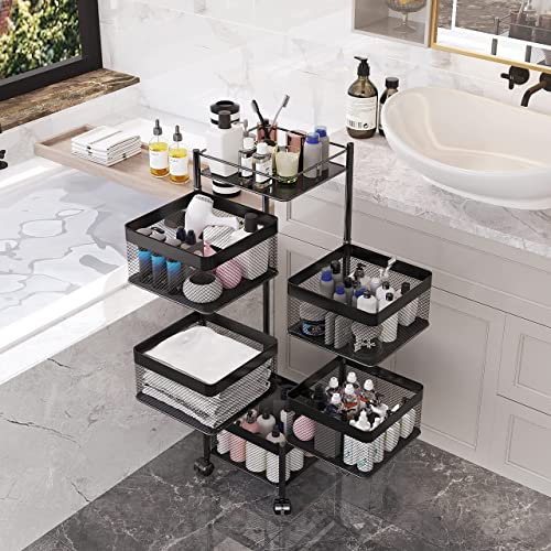 xinyourui Rotating Kitchen Storage Shelves Rack,Bathroom Organizer Metal Shelf,Fruit Basket for Kitchen,Rolling Cart with Wheels,Spice Drawer Organizer(Black, 5 Tier-Square)