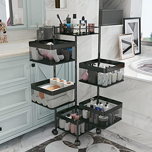xinyourui Rotating Kitchen Storage Shelves Rack,Bathroom Organizer Metal Shelf,Fruit Basket for Kitchen,Rolling Cart with Wheels,Spice Drawer Organizer(Black, 5 Tier-Square)