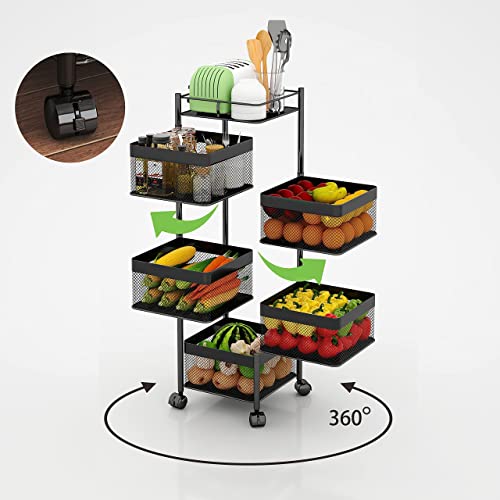 xinyourui Rotating Kitchen Storage Shelves Rack,Bathroom Organizer Metal Shelf,Fruit Basket for Kitchen,Rolling Cart with Wheels,Spice Drawer Organizer(Black, 5 Tier-Square)