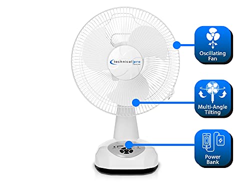 Technical Pro Portable 12 inch Rechargeable Oscillating Tabletop Fan with LED Night light and Powerbank.