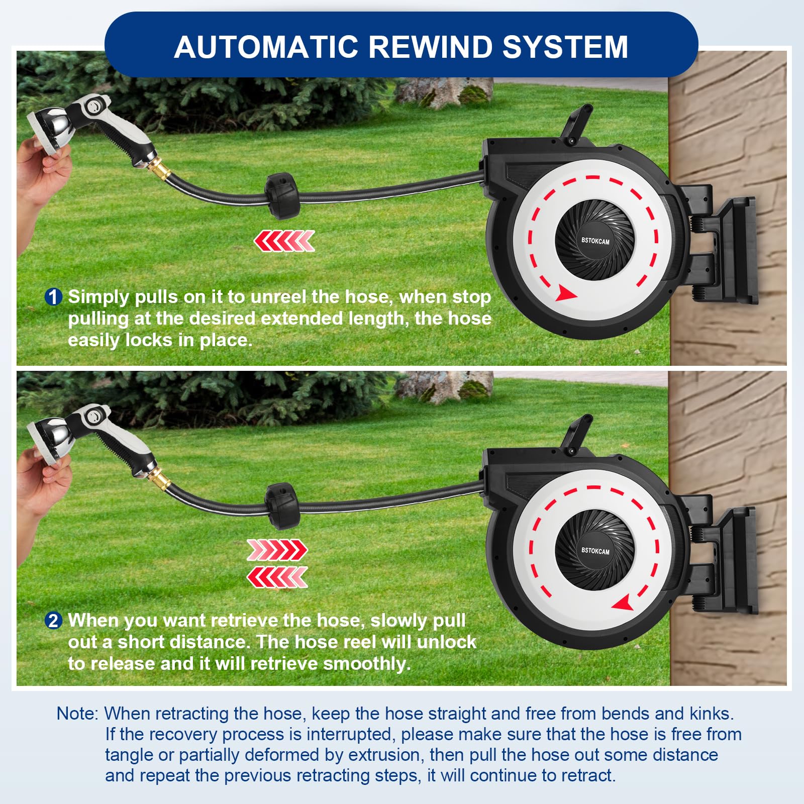 Retractable Garden Hose Reel by BSTOKCAM, 1/2" x 100ft Hybrid Rubber Hose, Heavy Duty Water Hose Reels Automatic Rewind Storage, 10 Patterns Nozzle Included