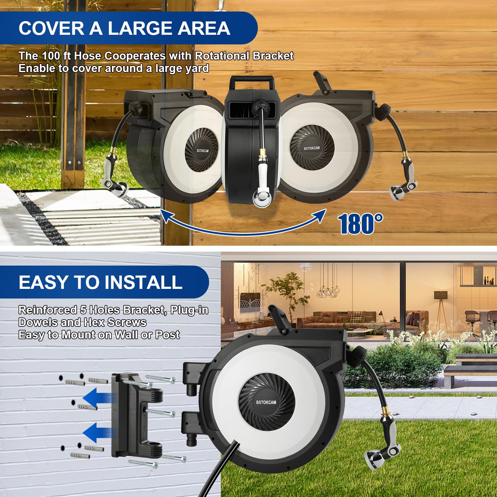 Retractable Garden Hose Reel by BSTOKCAM, 1/2" x 100ft Hybrid Rubber Hose, Heavy Duty Water Hose Reels Automatic Rewind Storage, 10 Patterns Nozzle Included