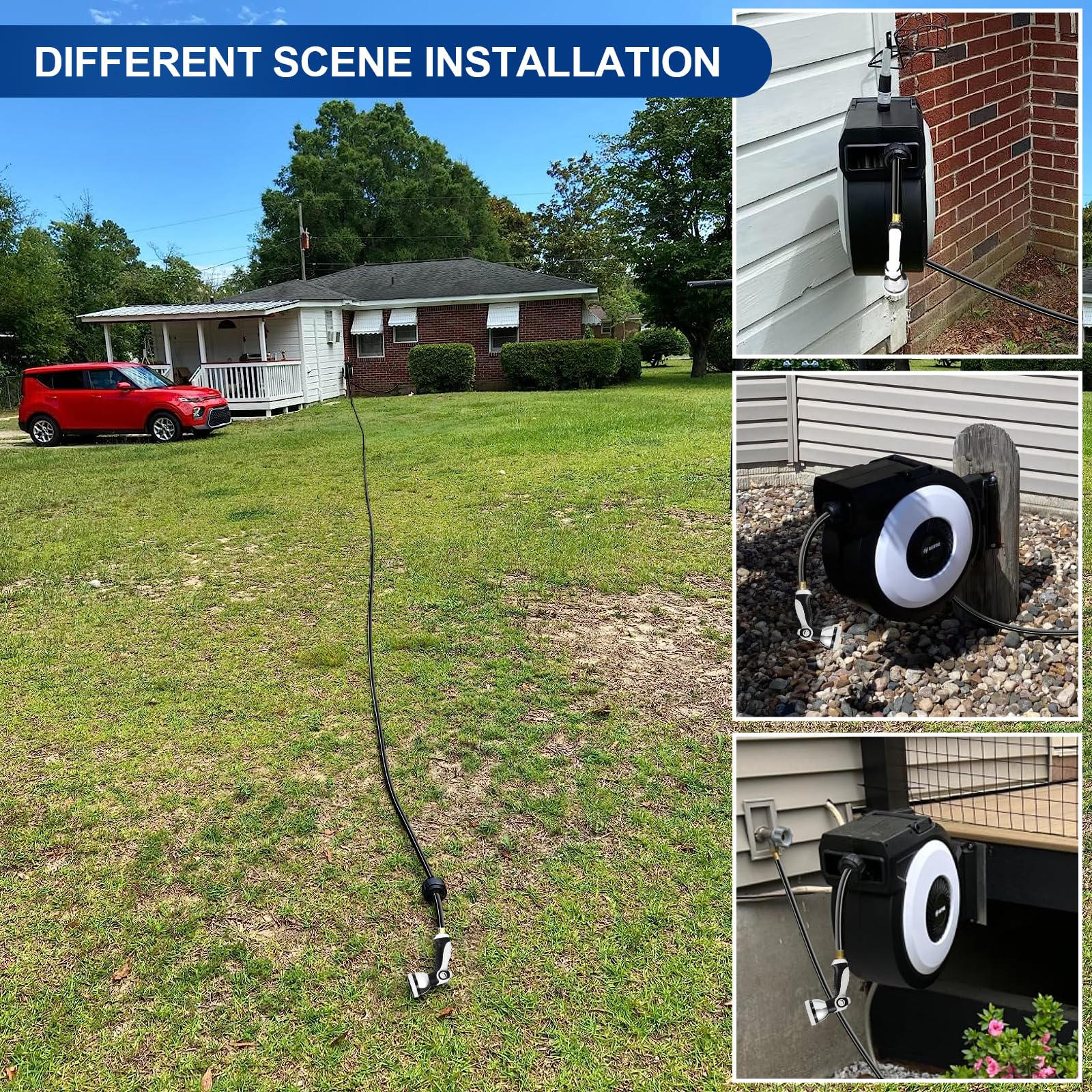 Retractable Garden Hose Reel by BSTOKCAM, 1/2" x 100ft Hybrid Rubber Hose, Heavy Duty Water Hose Reels Automatic Rewind Storage, 10 Patterns Nozzle Included