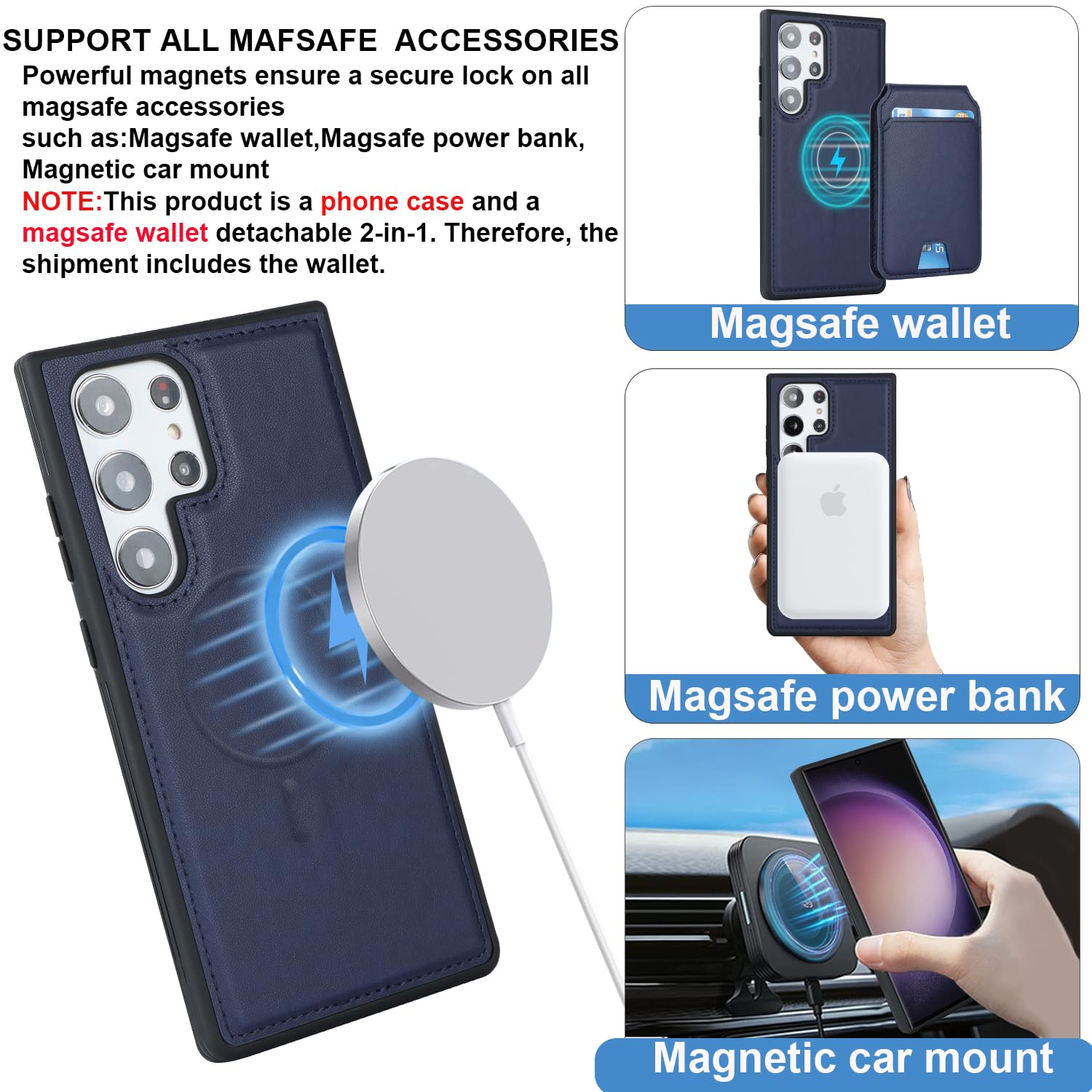 Havaya for Galaxy S23 Ultra case magsafe Compatible Samsung Galaxy S23 Ultra case Magnetic with Card Holder S23 Ultra Leather Phone case Magnetic Wallet Detachable for Men-Blue