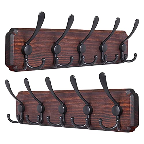 Coat Rack Wall Mount - 5 Double Metal Coat Rack Hooks Set of 2, Wall Mounted Coat Rack Heavy Duty Set 2, Rustic Wooden, Coat Hat Key for Entryway, Closet Room, Bathroom, Bedroom (Brown)