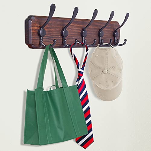Coat Rack Wall Mount - 5 Double Metal Coat Rack Hooks Set of 2, Wall Mounted Coat Rack Heavy Duty Set 2, Rustic Wooden, Coat Hat Key for Entryway, Closet Room, Bathroom, Bedroom (Brown)
