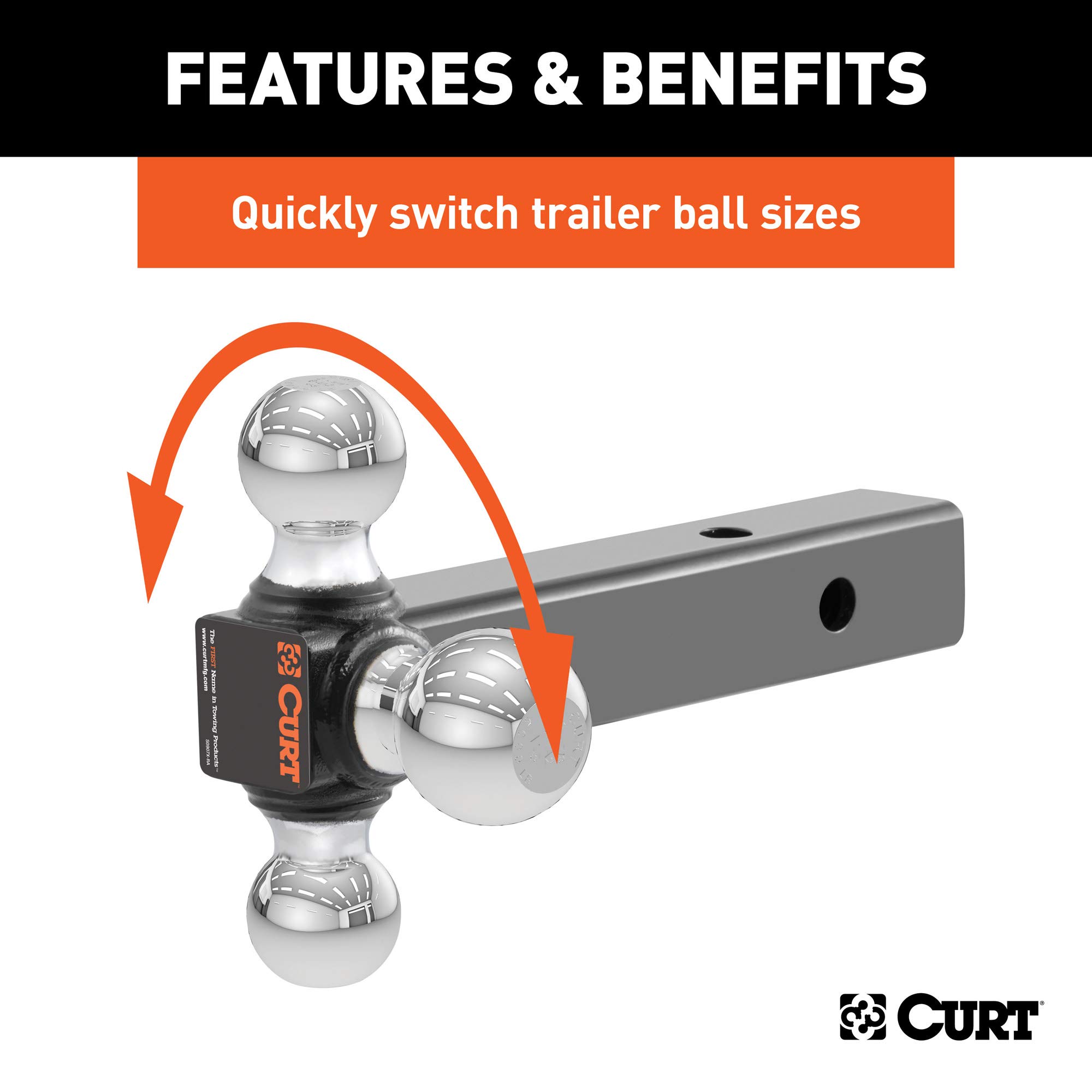 CURT 45655 Multi-Ball Trailer Hitch Ball Mount, 1-7/8, 2, 2-5/16-Inch Balls, Fits 2-Inch Receiver, 10,000 lbs