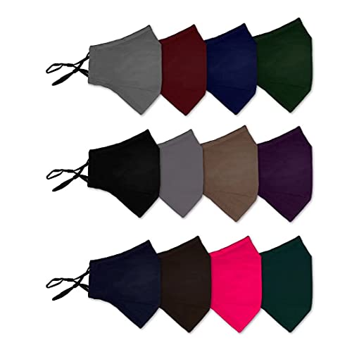 12 Pack Washable Cloth Face Mask Reusable with Adjustable Ear Straps & Nose Wire Comfortable Breathable Cotton Face Masks,3 Ply Adult Safety Mask for Women Men