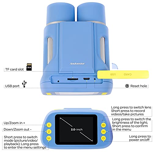 Andonstar AD122 Kids Microscope&Telescope Double Lens, Portable Handheld Microscope Binoculars, Digital Camera&Video Microscope Kit for Kids, 2" LCD Blue, Windows/Mac Compatible, SD Card Included
