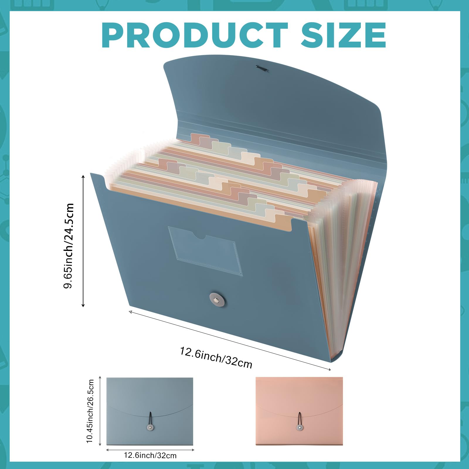 Harloon 2 Pack 24 Pockets Expanding File Folder with Cover Labels, Expanding File Organizer with Expandable Cover, Desktop Folders Letter A4 Paper Document Storage Organizer (Light Blue, Dark Pink)