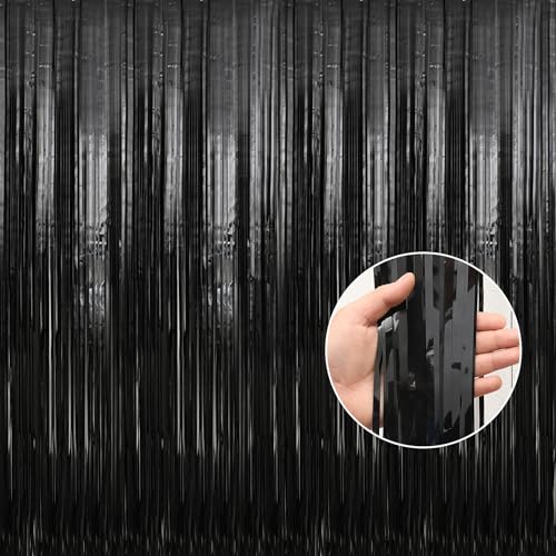Crosize 4 Pack 3.3 x 8.2 ft Black Foil Fringe Curtains Party Decorations, Black Tinsel Curtain Backdrop for Parties, Door Streamers, Glitter Streamer Fringe Backdrop for Birthday Decoration