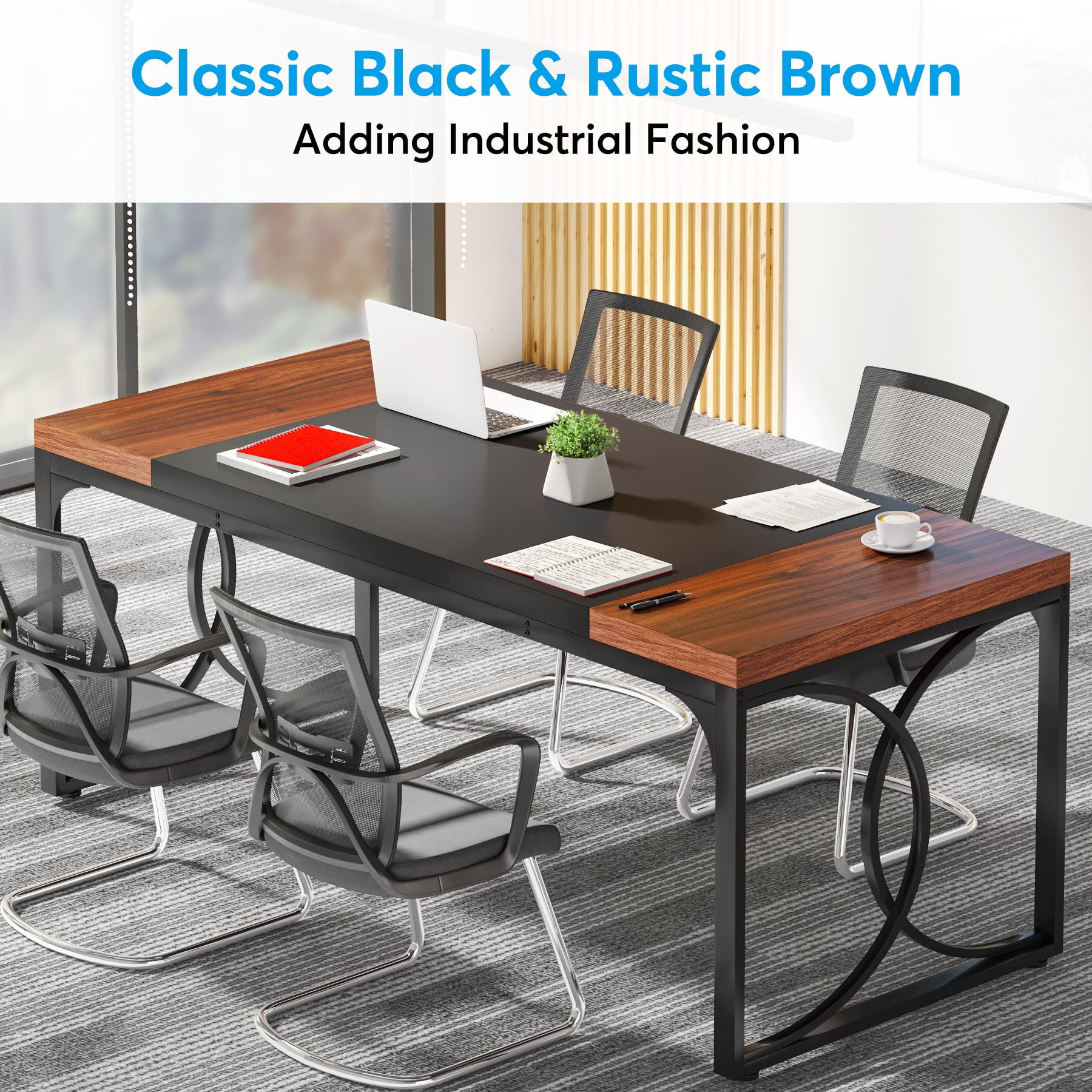 63" Executive Desk, Office Desk with Strong Metal Legs, Industrial Thicken Wood Computer Desk, Large Workstation Business Furniture, Rectangle Conference Table for 4 People, Rustic Brown and Black