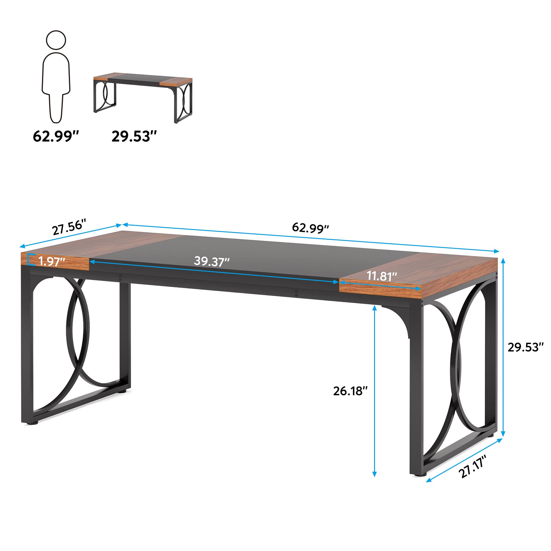 63" Executive Desk, Office Desk with Strong Metal Legs, Industrial Thicken Wood Computer Desk, Large Workstation Business Furniture, Rectangle Conference Table for 4 People, Rustic Brown and Black