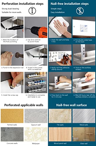 GEINIFAFA Rustproof Metal Storage Floating Shelves Wall Mounted Rectangular Shelf for Bedroom,Bathroom, Living Room, Kitchen, and Laundry Room,Nail-Free Wall-Mounted Shelves(15.75 Inch Silver)