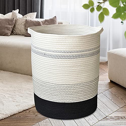 Laundry Baskets-Woven Rope Laundry Hamper with Handles, Tall Laundry Basket for Blanket Storage, for Laundry or Bedroom, Collapsible Laundry Basket Easy Storage 20"×16"-(Black)