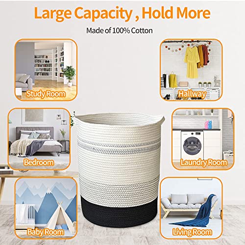 Laundry Baskets-Woven Rope Laundry Hamper with Handles, Tall Laundry Basket for Blanket Storage, for Laundry or Bedroom, Collapsible Laundry Basket Easy Storage 20"×16"-(Black)