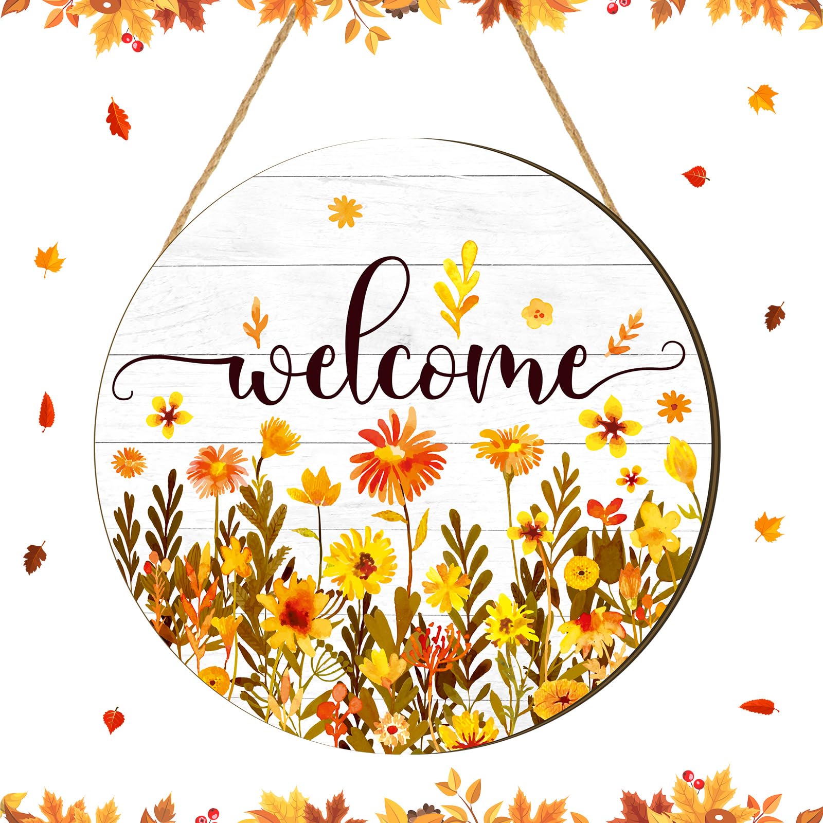 Thanksgiving Floral Door Sign Decor Hello Fall Front Door Sign Thanksgiving Floral Welcome Hanging Plaque Rustic Autumn Round Hanging Sign for Outdoor Porch Home Decoration