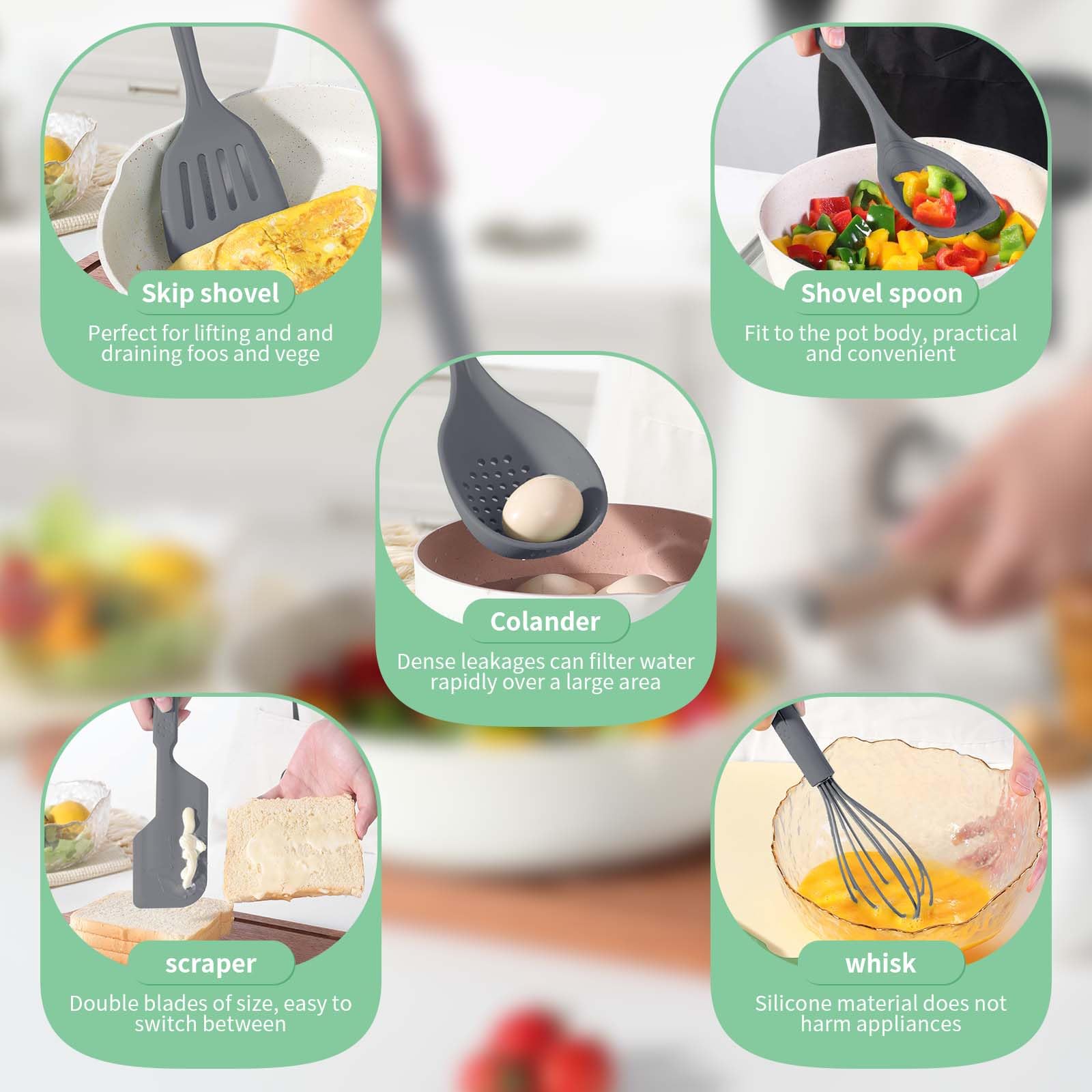 Zaeharee 12-Piece Gray Silicone Kitchen Utensils Set - Heat Resistant Complete Silicone Cooking Set with Silicone Spatula - Home Essentials for New Home