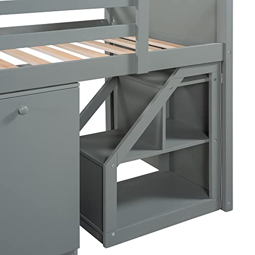 Twin Loft Bed for Kids, Low Study Wooden Loft Bed Frame with Movable Portable Desk and Storage Steps, Low Loft Bed for Kids, Teens (Gray)
