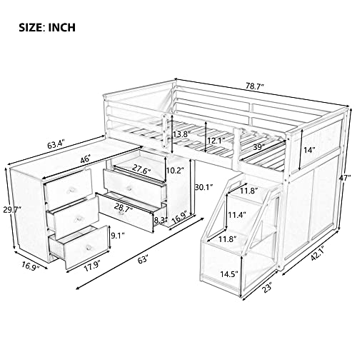 Twin Loft Bed for Kids, Low Study Wooden Loft Bed Frame with Movable Portable Desk and Storage Steps, Low Loft Bed for Kids, Teens (Gray)