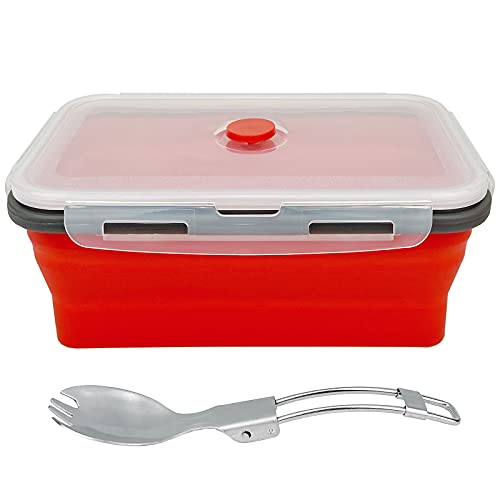 CARTINTS Large Collapsible Camping Food Containers, 1200ml Silicone Lunch Container, Microwave Safe Reusable Meal Prep Container For Indoor&Outdoor Kitchen With Foldable Spoon, Grey Red