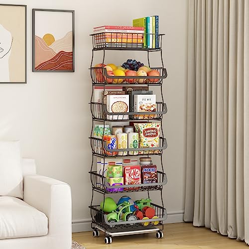 Wisdom Star 6 Tier Fruit Vegetable Basket, Wire Storage Basket Organizer Utility Cart with Wheels, Vegetable Basket Bins for Onions and Potatoes, Fruit Vegetable Storage Cart for Kitchen, Black