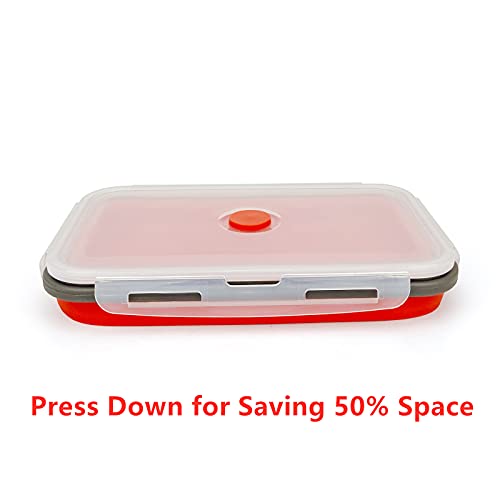 CARTINTS Large Collapsible Camping Food Containers, 1200ml Silicone Lunch Container, Microwave Safe Reusable Meal Prep Container For Indoor&Outdoor Kitchen With Foldable Spoon, Grey Red