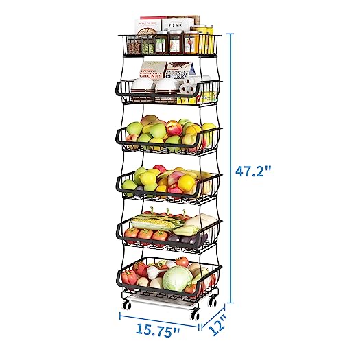 Wisdom Star 6 Tier Fruit Vegetable Basket, Wire Storage Basket Organizer Utility Cart with Wheels, Vegetable Basket Bins for Onions and Potatoes, Fruit Vegetable Storage Cart for Kitchen, Black