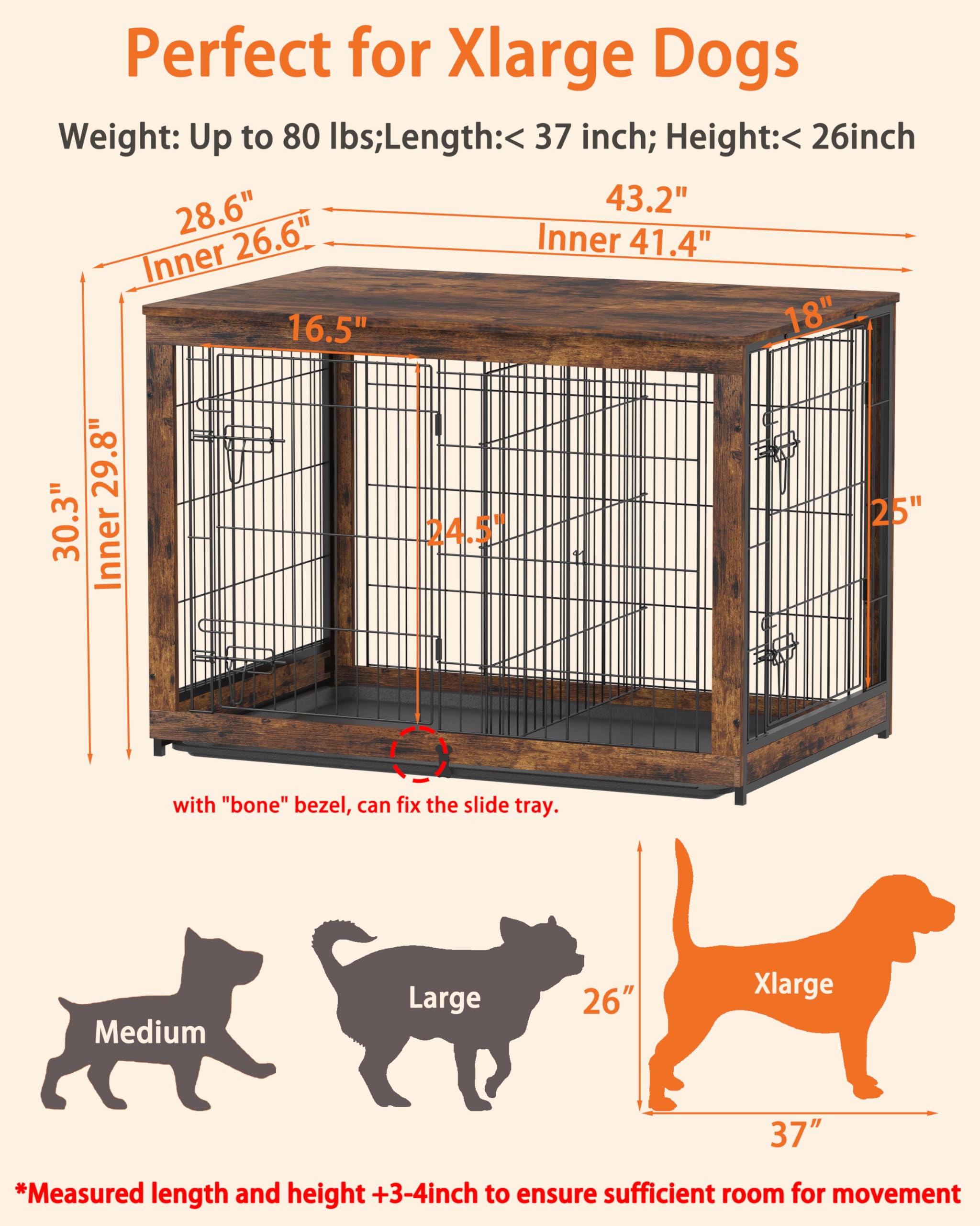 Piskyet Wooden Dog Crate Furniture with Divider Panel, Dog Crate End Table with Fixable Slide Tray, Double Doors Dog Kennel Indoor for Dogs(XL:43.2" L * 28.6" W * 30.3" H,Rustic Style)