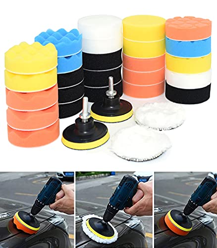 Meraviglie Stella Car Polishing Pads Kit 31 Pcs 3 Inch Foam Buffing Pad with Drill Suction Cups Attachment for Auto Polisher Waxing Sealing Glaze Automotive Care Clear Tools Accessories