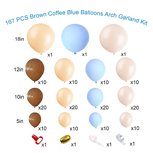 167 PCS Brown Coffee Blue Balloons Arch Garland Kit for Bear Baby Shower Birthday Wedding Party Decorations