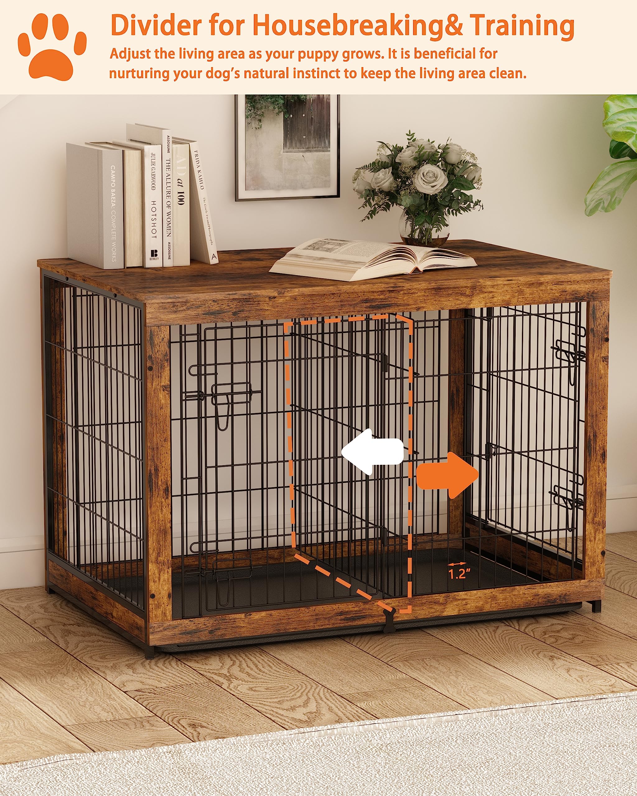 Piskyet Wooden Dog Crate Furniture with Divider Panel, Dog Crate End Table with Fixable Slide Tray, Double Doors Dog Kennel Indoor for Dogs(XL:43.2" L * 28.6" W * 30.3" H,Rustic Style)