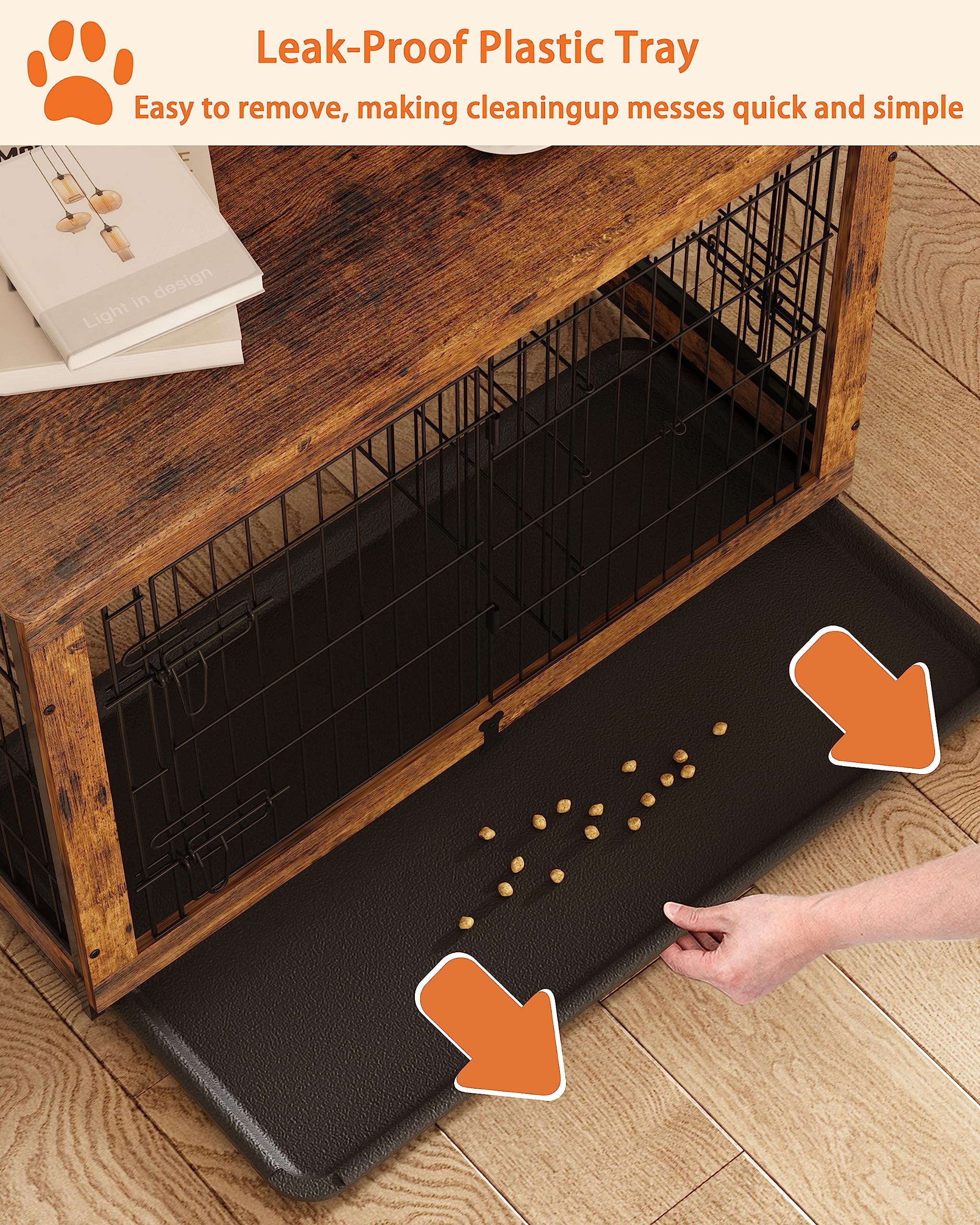 Piskyet Wooden Dog Crate Furniture with Divider Panel, Dog Crate End Table with Fixable Slide Tray, Double Doors Dog Kennel Indoor for Dogs(XL:43.2" L * 28.6" W * 30.3" H,Rustic Style)