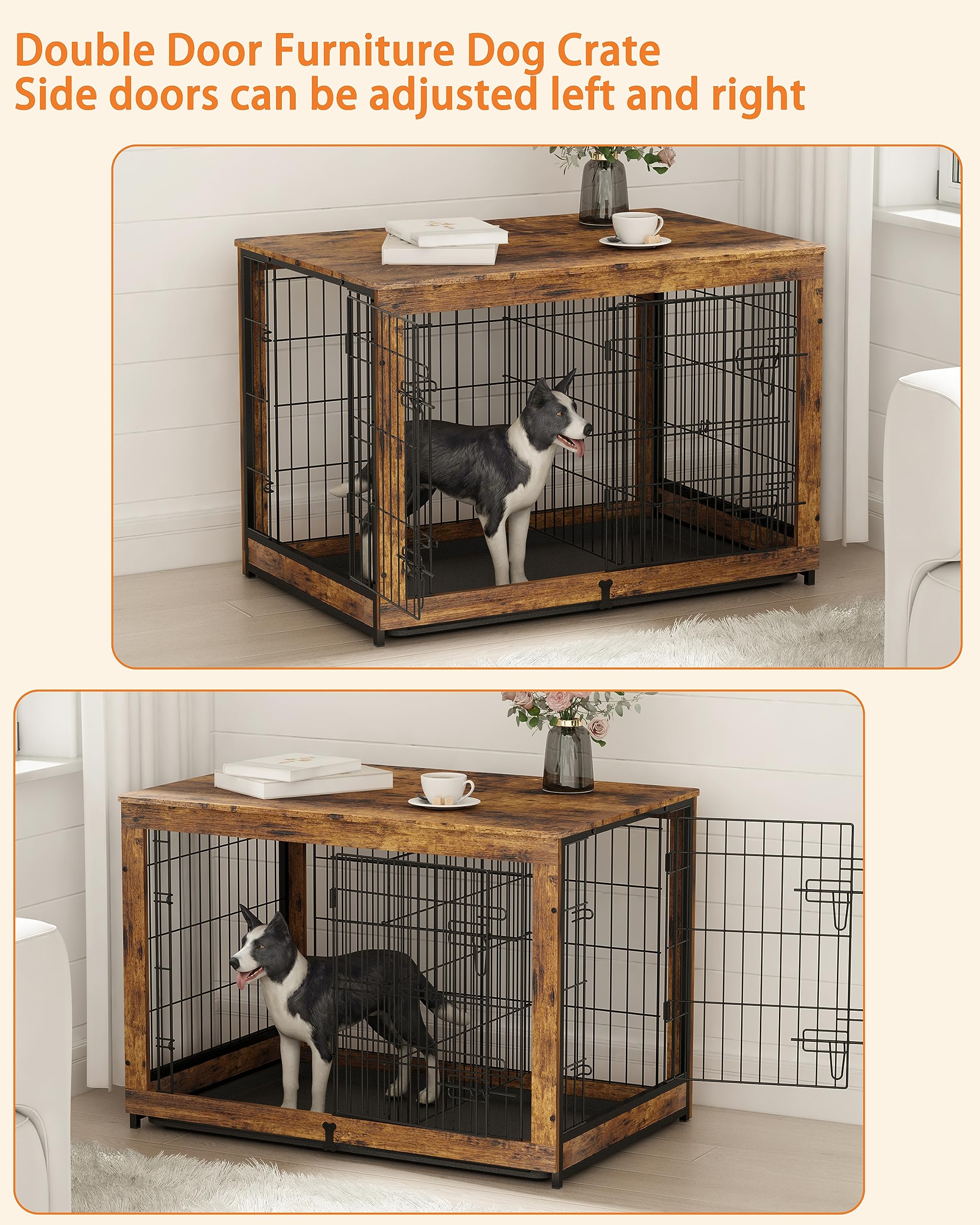 Piskyet Wooden Dog Crate Furniture with Divider Panel, Dog Crate End Table with Fixable Slide Tray, Double Doors Dog Kennel Indoor for Dogs(XL:43.2" L * 28.6" W * 30.3" H,Rustic Style)