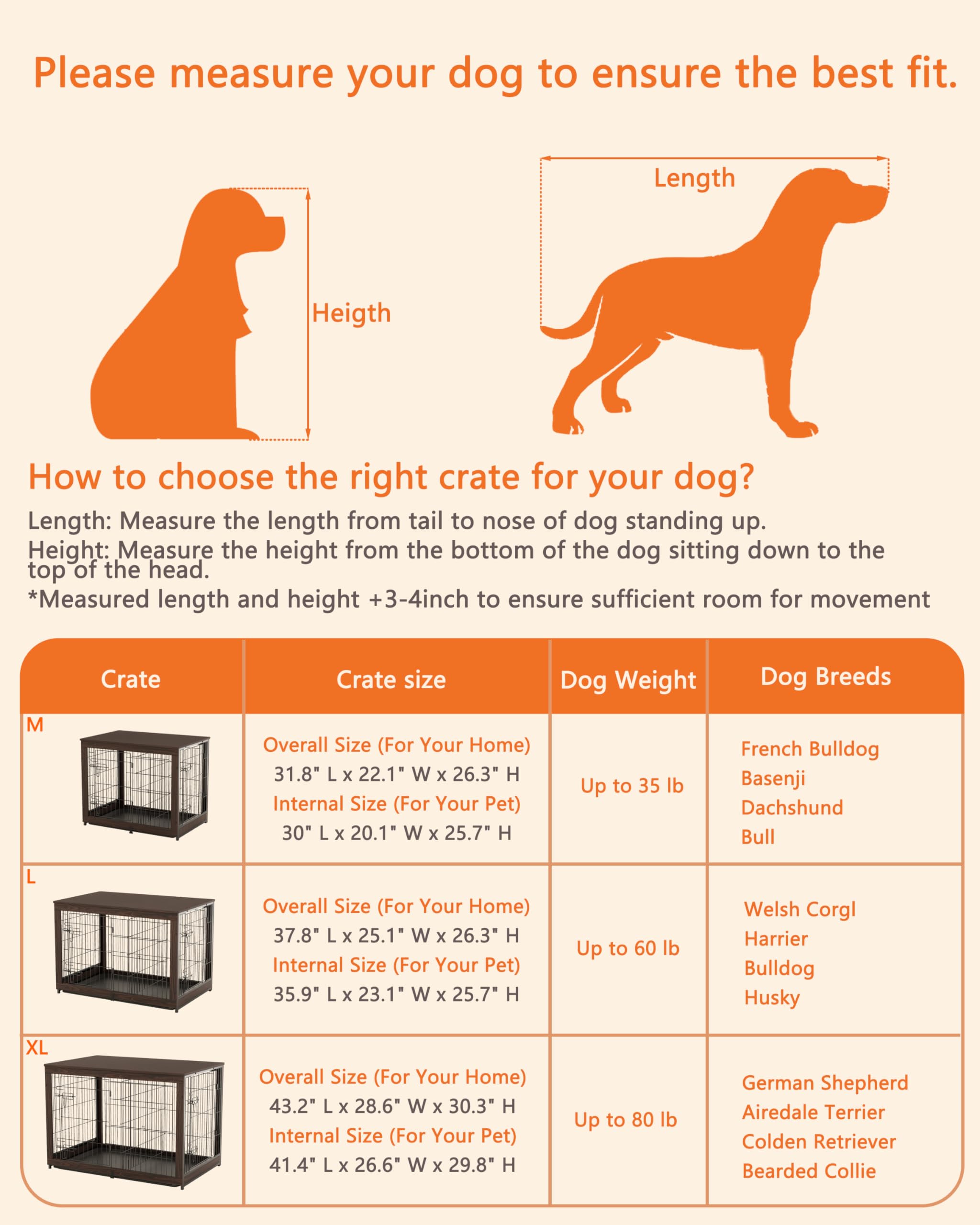 Piskyet Wooden Dog Crate Furniture with Divider Panel, Dog Crate End Table with Fixable Slide Tray, Double Doors Dog Kennel Indoor for Dogs(XL:43.2" L * 28.6" W * 30.3" H,Rustic Style)