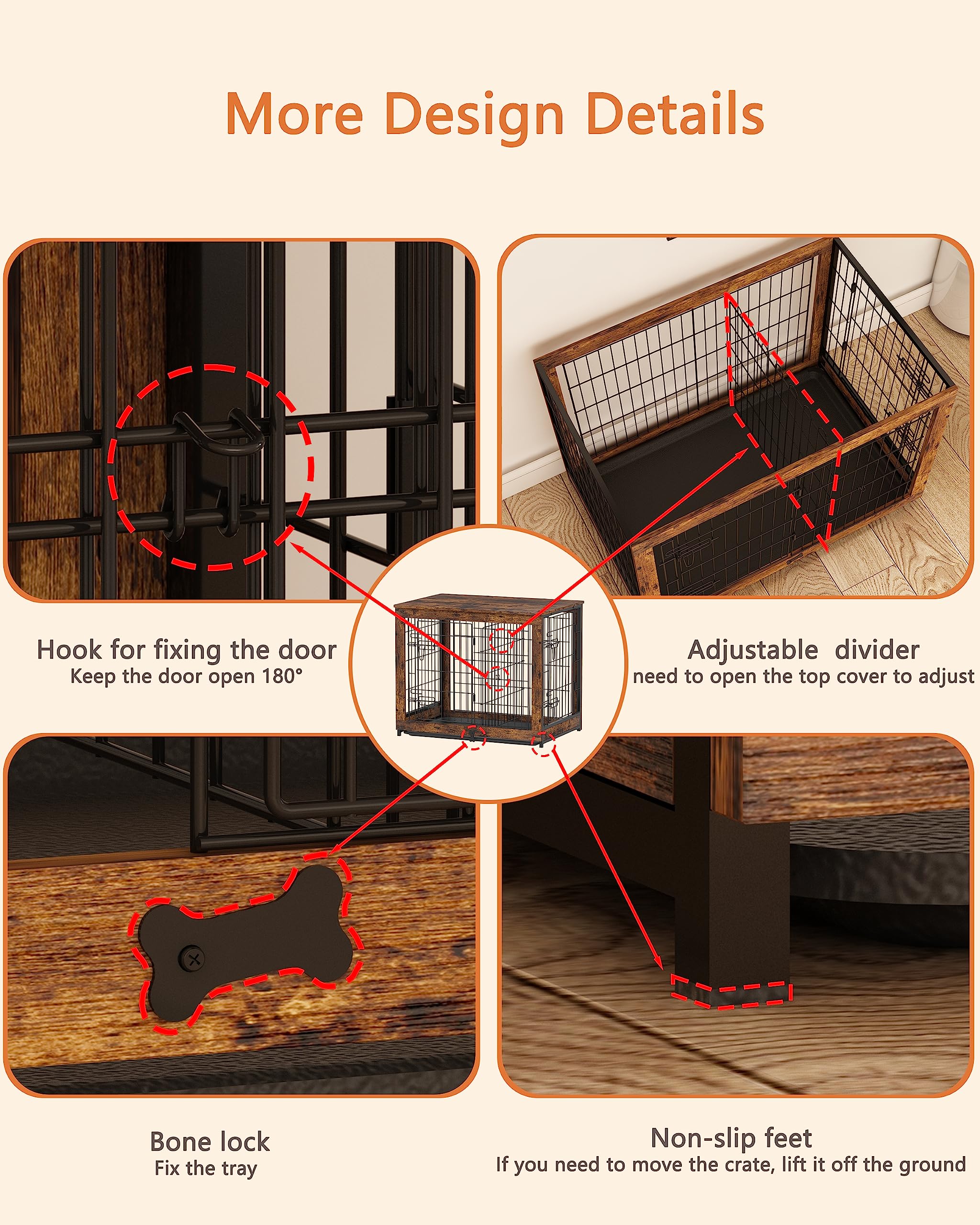 Piskyet Wooden Dog Crate Furniture with Divider Panel, Dog Crate End Table with Fixable Slide Tray, Double Doors Dog Kennel Indoor for Dogs(XL:43.2" L * 28.6" W * 30.3" H,Rustic Style)