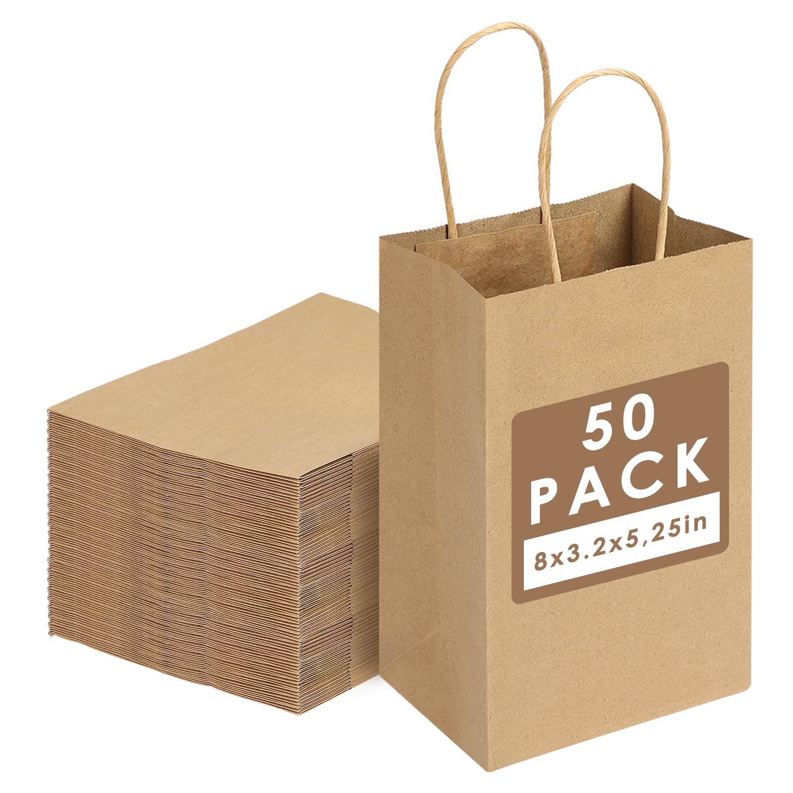 Moretoes 50pcs Paper Bags with Handles, 5.25x3.2x8 Inches Kraft Small Gift Bags, Wrapping Gift Paper, Small Paper Bags, Party Favor Bags for Birthday Wedding, Brown