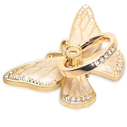 Cell Phone Ring Holder Stand with Crystal Stone and Enamel Process, Butterfly 360° Rotation Finger Kickstand Metal Back Stand Hand Grip with Knob Loop Compatible with Smartphone (Gold Pearl White)