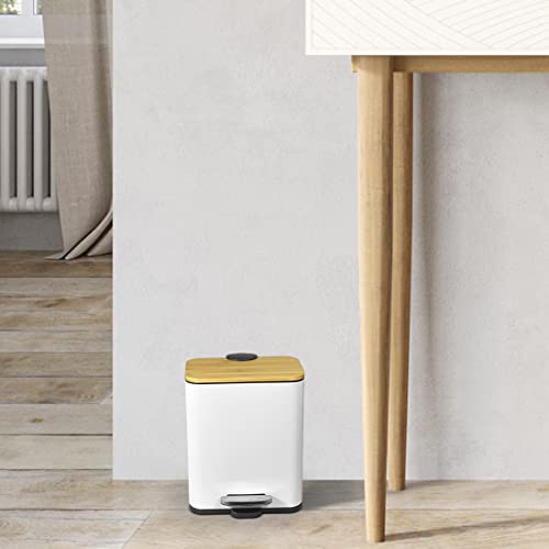 SIDIANBAN Small Trash Can with Bamboo Lid Soft Close and Foot Pedal, 1.3Gal/5L Rectangular Garbage Can with Inner Wastebasket for Bathroom,Bedroom, Office, Kitchen, Black