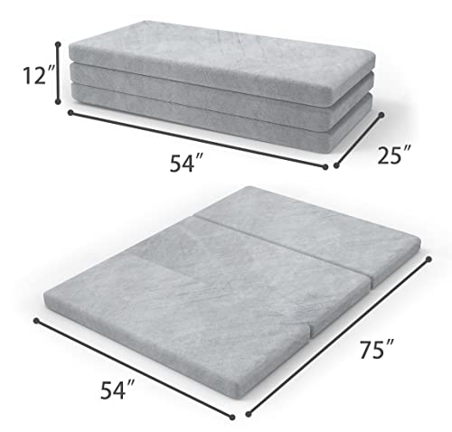 SINWEEK Full Tri Folding Mattress with Storage Bag Foam Topper 4" Thickness Floor Cot Mattress, Guset Bed with Removable&Machine Washable Cover and Lining, CertiPUR-US Certified, Full 54 x 75 Inch