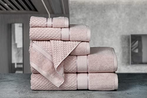 Ample Decor 100% Cotton 6 Pcs Bath Towel Set, Luxury Bath Towels for Bathroom - 2 Bath Towels, 2 Hand Towels, 2 Washcloths - Soft Pink