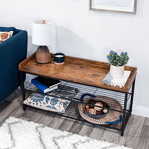 AVAFORT Two Layer Shoe Bench with PU Leather Padded Seat Top, Metal Frame, Rustic Brown