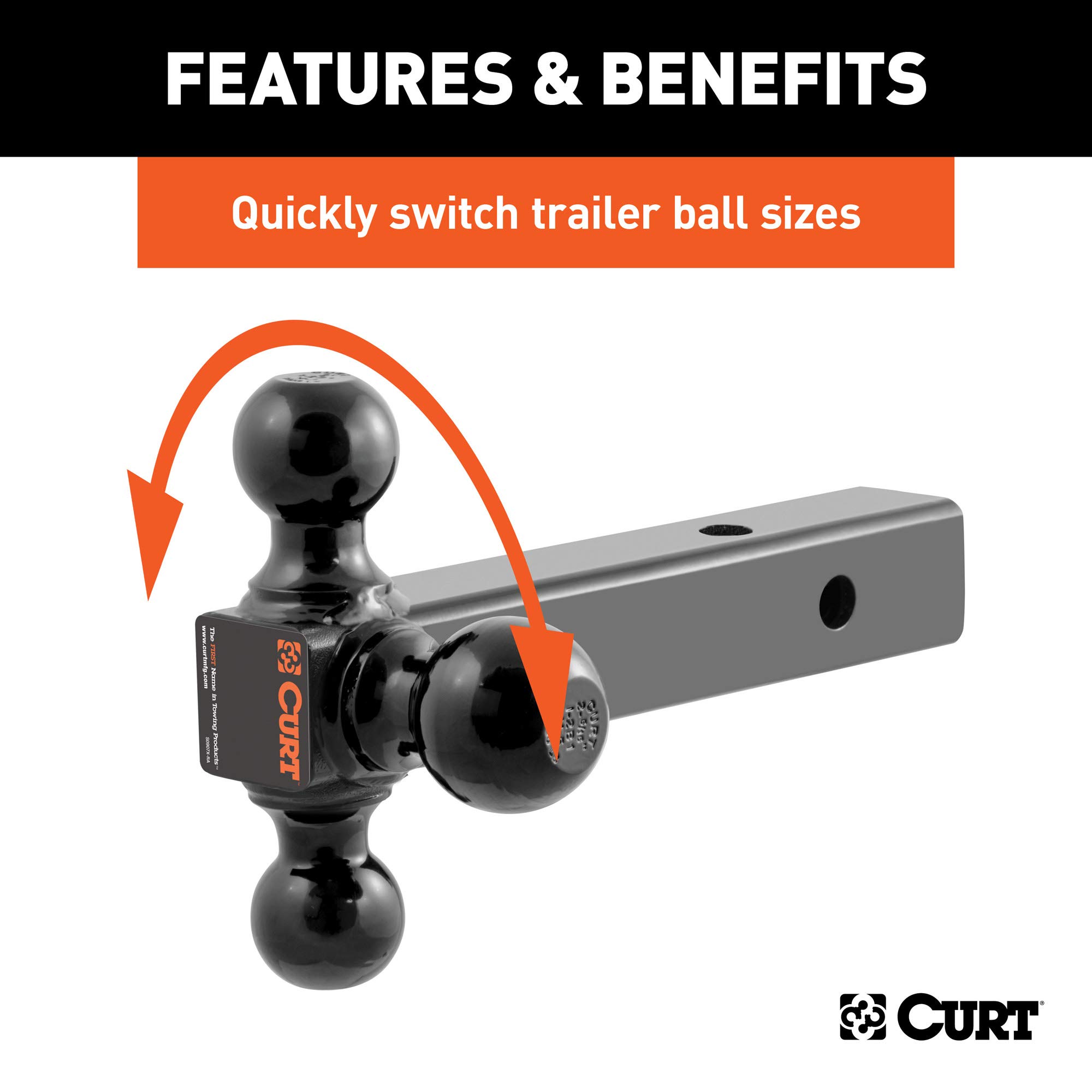 CURT 45650 Multi-Ball Trailer Hitch Ball Mount, 1-7/8, 2, 2-5/16-Inch Balls, Fits 2-Inch Receiver, 10,000 lbs