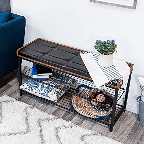 AVAFORT Two Layer Shoe Bench with PU Leather Padded Seat Top, Metal Frame, Rustic Brown