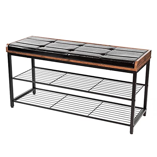 AVAFORT Two Layer Shoe Bench with PU Leather Padded Seat Top, Metal Frame, Rustic Brown