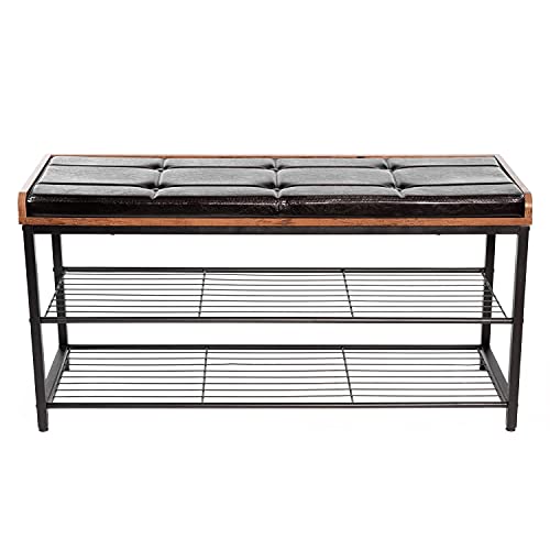 AVAFORT Two Layer Shoe Bench with PU Leather Padded Seat Top, Metal Frame, Rustic Brown
