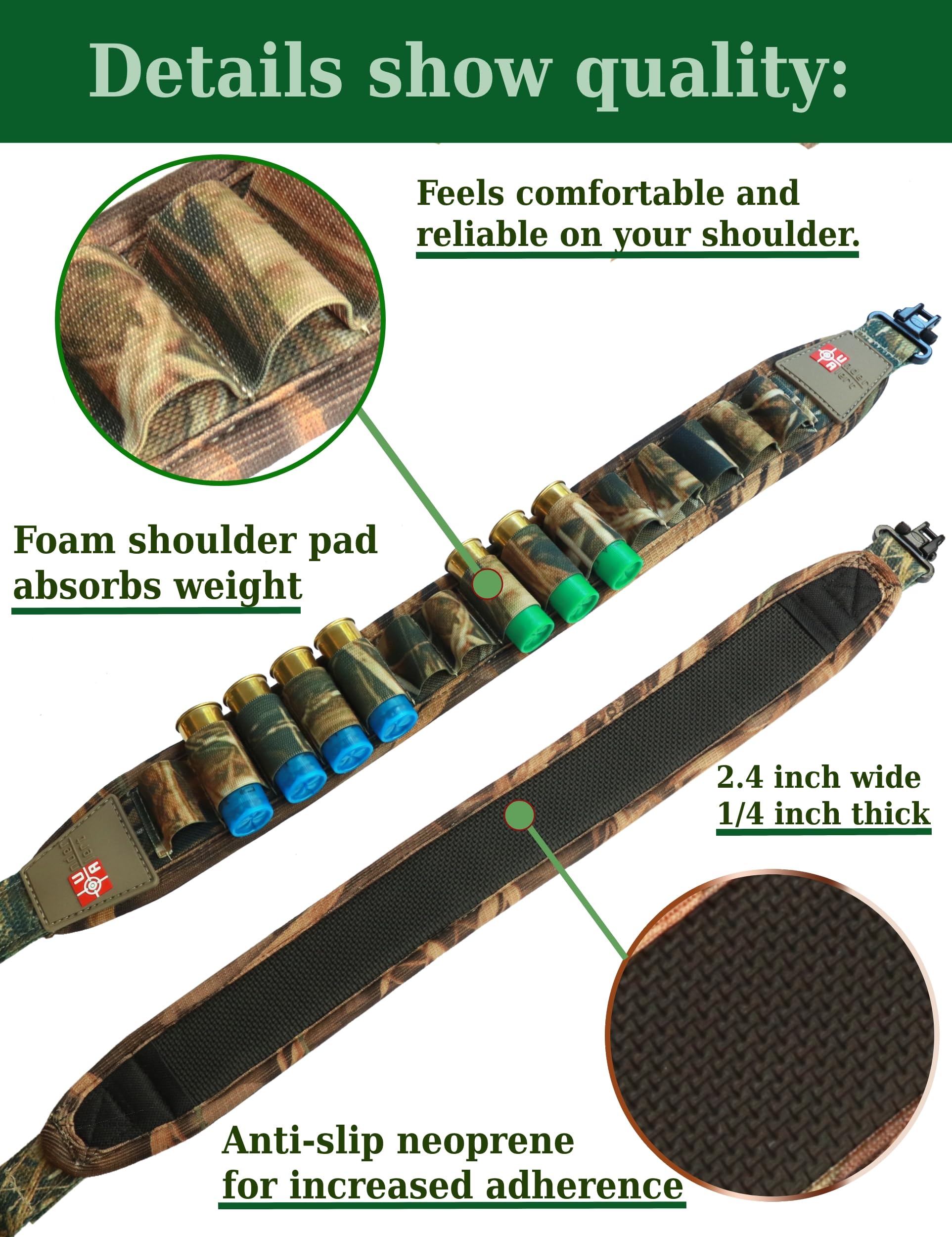 Underalert Shotgun Sling 12 Gauge with 15 Shell Holders, Adjustable Gun Sling with Thumb Loop and Built-in Swivels, 12ga Shotgun Strap for Hunting Turkeys, 2 Point Shot Gun Bandolier (Waterfowl Camo)