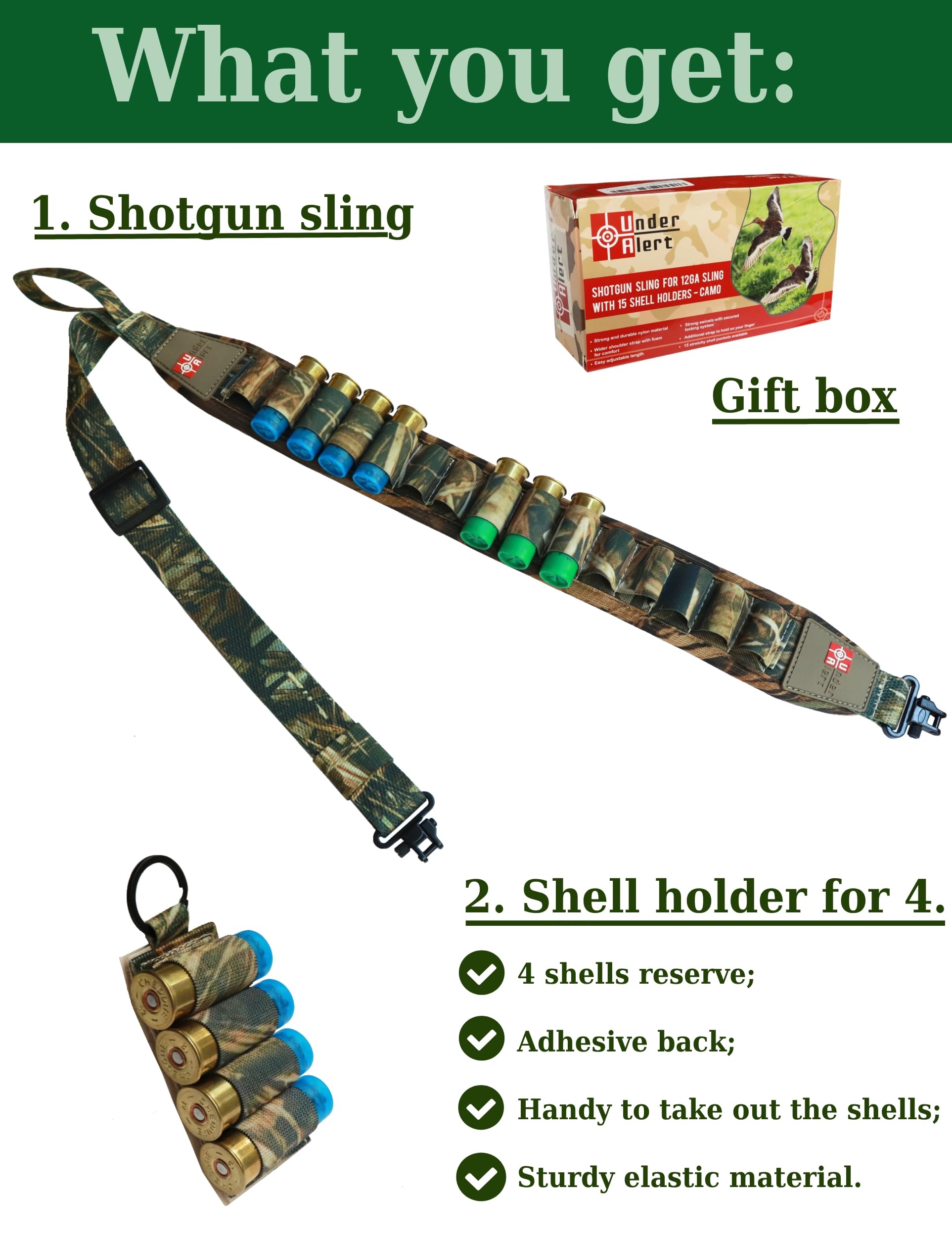 Underalert Shotgun Sling 12 Gauge with 15 Shell Holders, Adjustable Gun Sling with Thumb Loop and Built-in Swivels, 12ga Shotgun Strap for Hunting Turkeys, 2 Point Shot Gun Bandolier (Waterfowl Camo)
