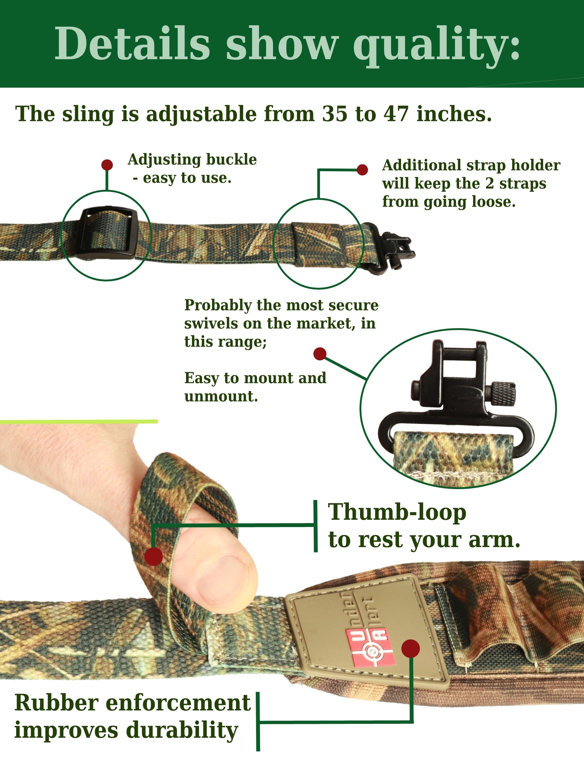 Underalert Shotgun Sling 12 Gauge with 15 Shell Holders, Adjustable Gun Sling with Thumb Loop and Built-in Swivels, 12ga Shotgun Strap for Hunting Turkeys, 2 Point Shot Gun Bandolier (Waterfowl Camo)